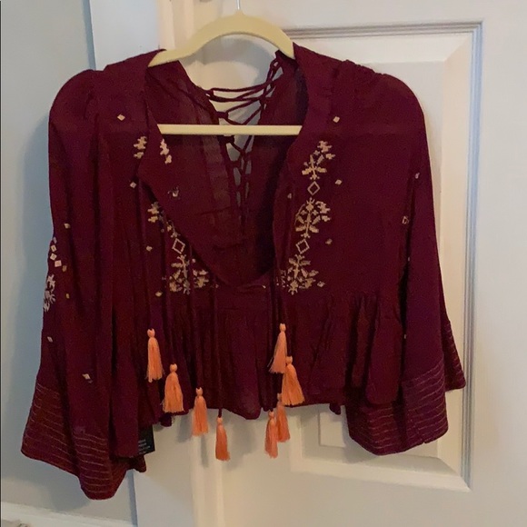 Haute Rogue | Tops | Nwt Sheer Maroon Cropped Bohemian Blouse L | Poshmark